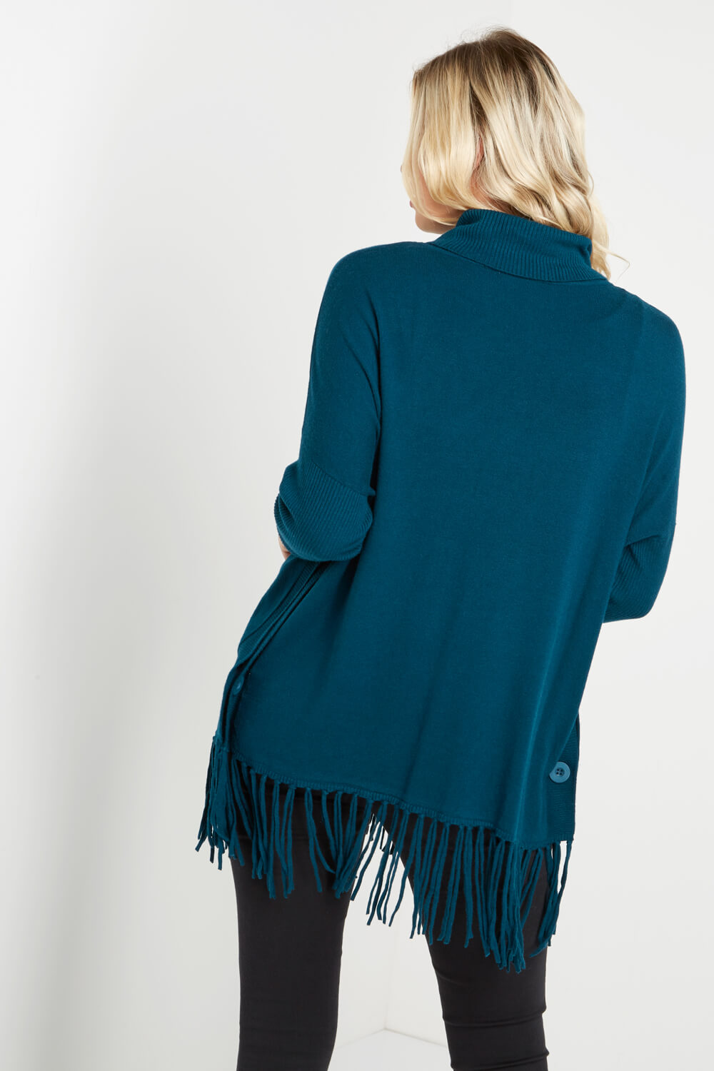Button Detail Fringe Jumper in Teal - Roman Originals UK