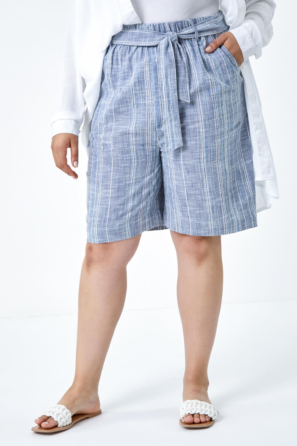 Blue Curve Stripe Print Cotton Shorts | Roman UK