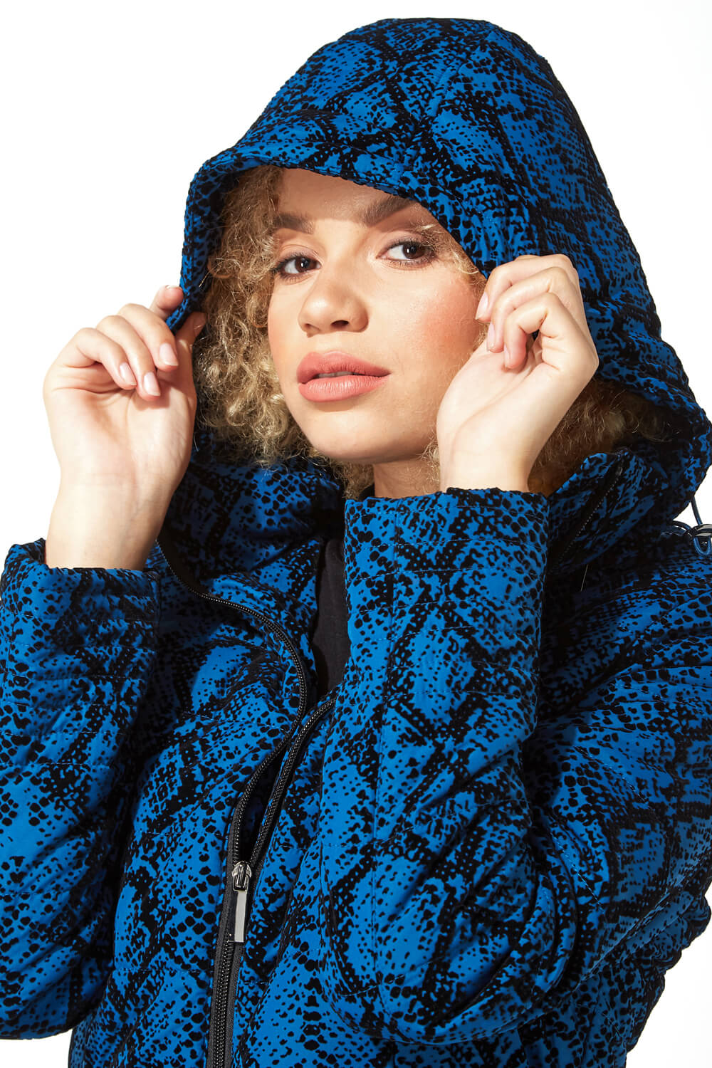 Snake Print Longline Padded Coat in Petrol Blue - Roman Originals UK