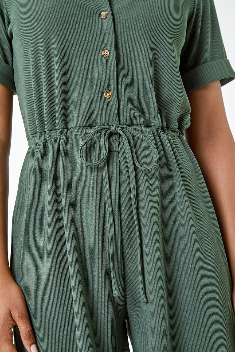 Khaki Plain Ribbed Stretch Playsuit | Roman UK