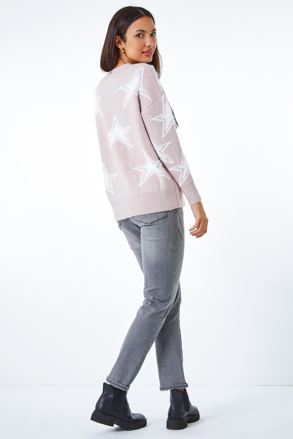 Fluffy Star Print Jumper in Light Pink - Roman Originals UK