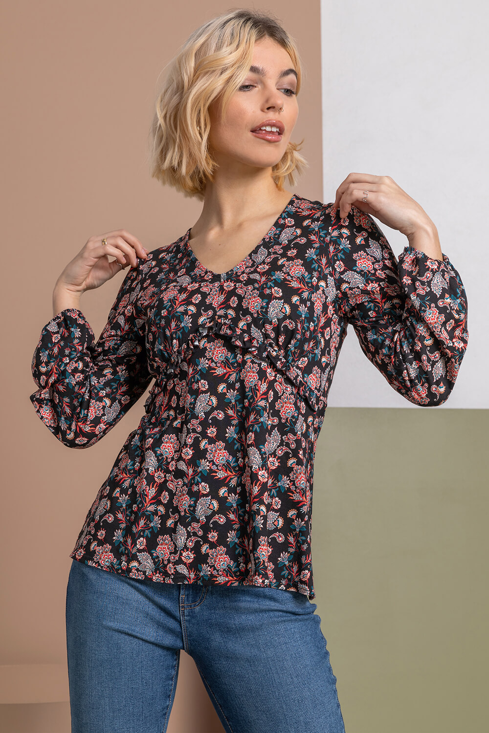 Black Paisley Frill Stretch Top | Roman UK