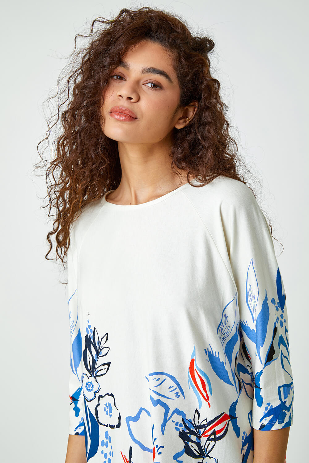 Floral Border Curve Hem Top in Blue - Roman Originals UK