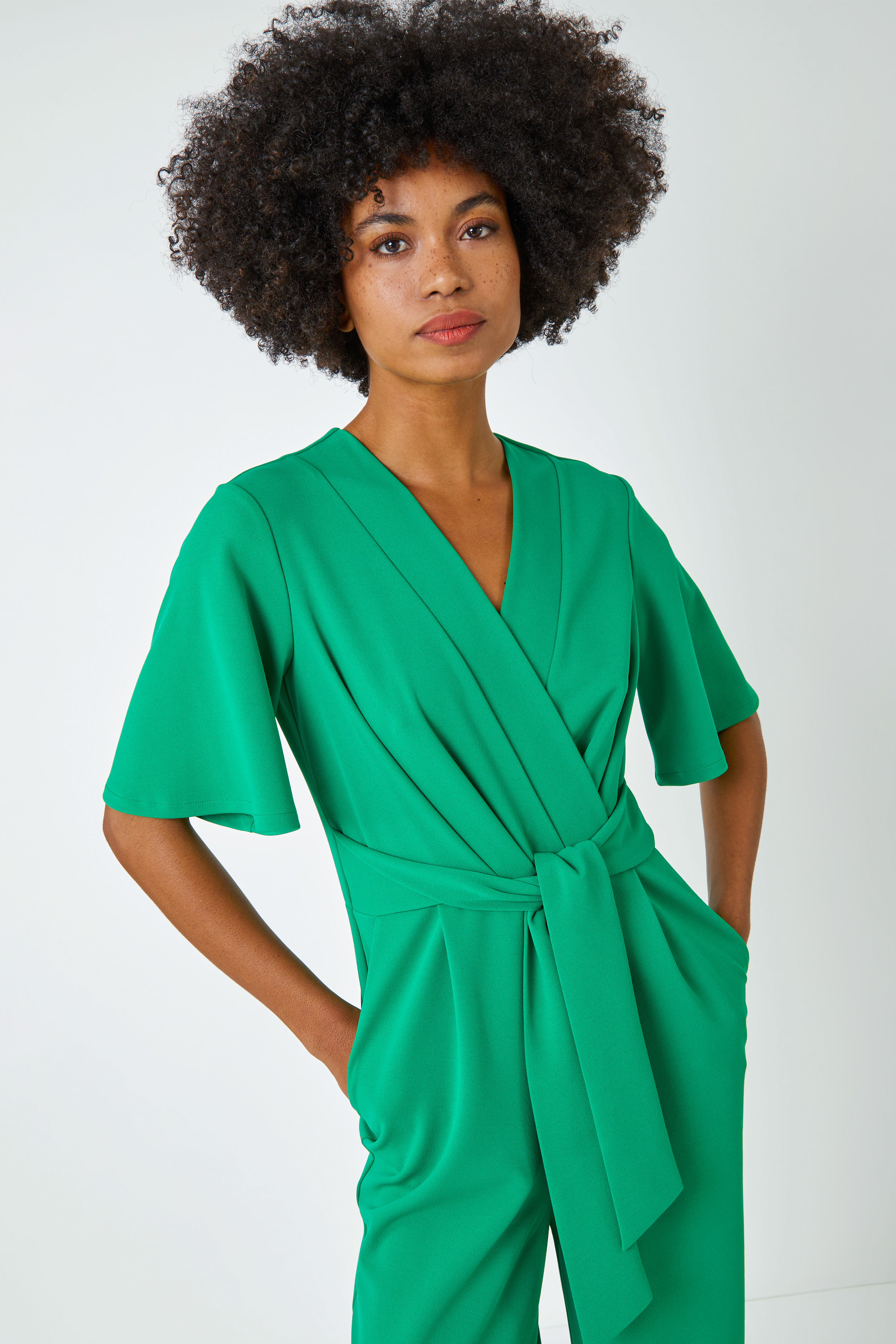 Angel Sleeve Cropped Wrap Jumpsuit in Green - Roman Originals UK
