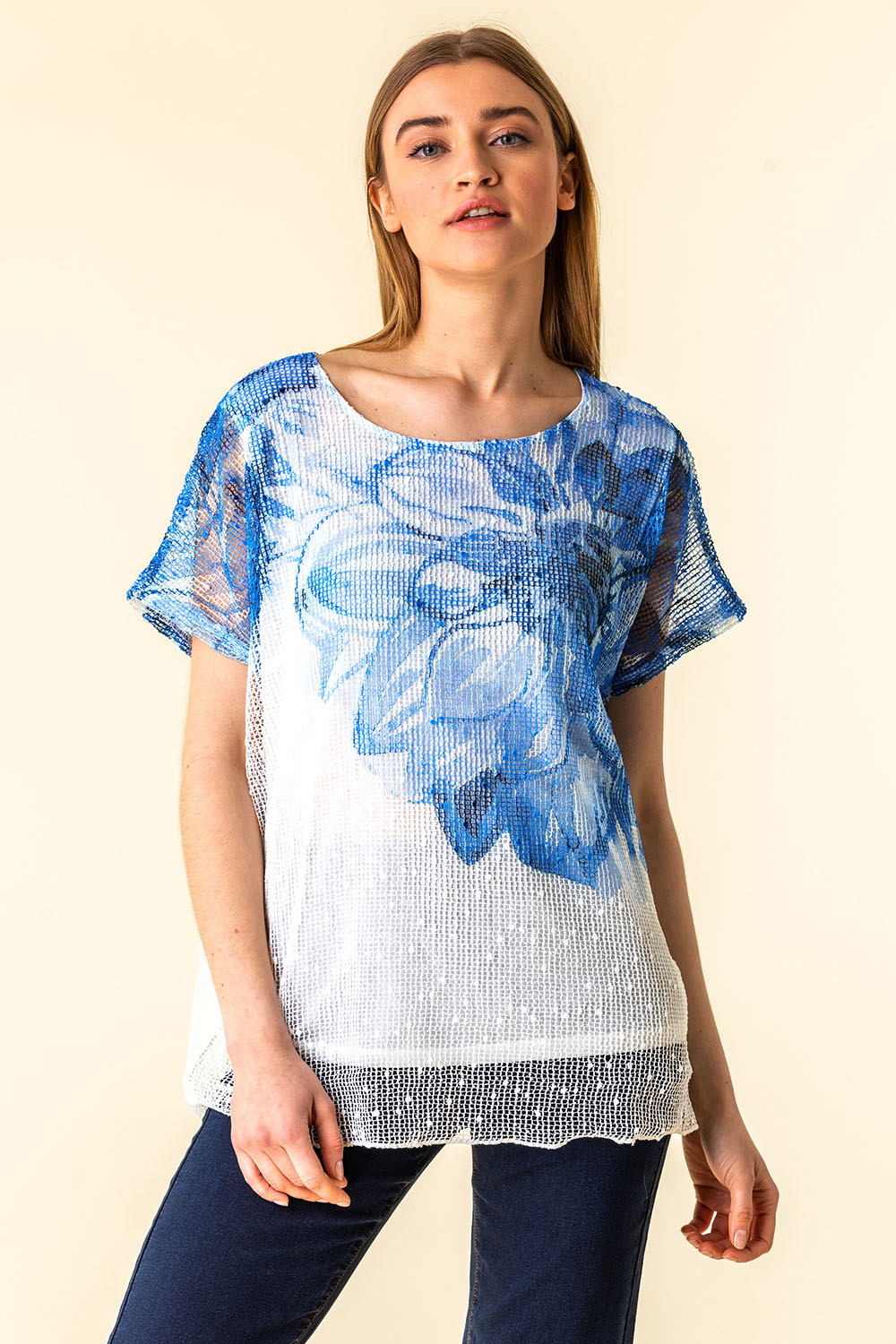 Mesh Overlay Floral Print T-Shirt in Blue - Roman Originals UK