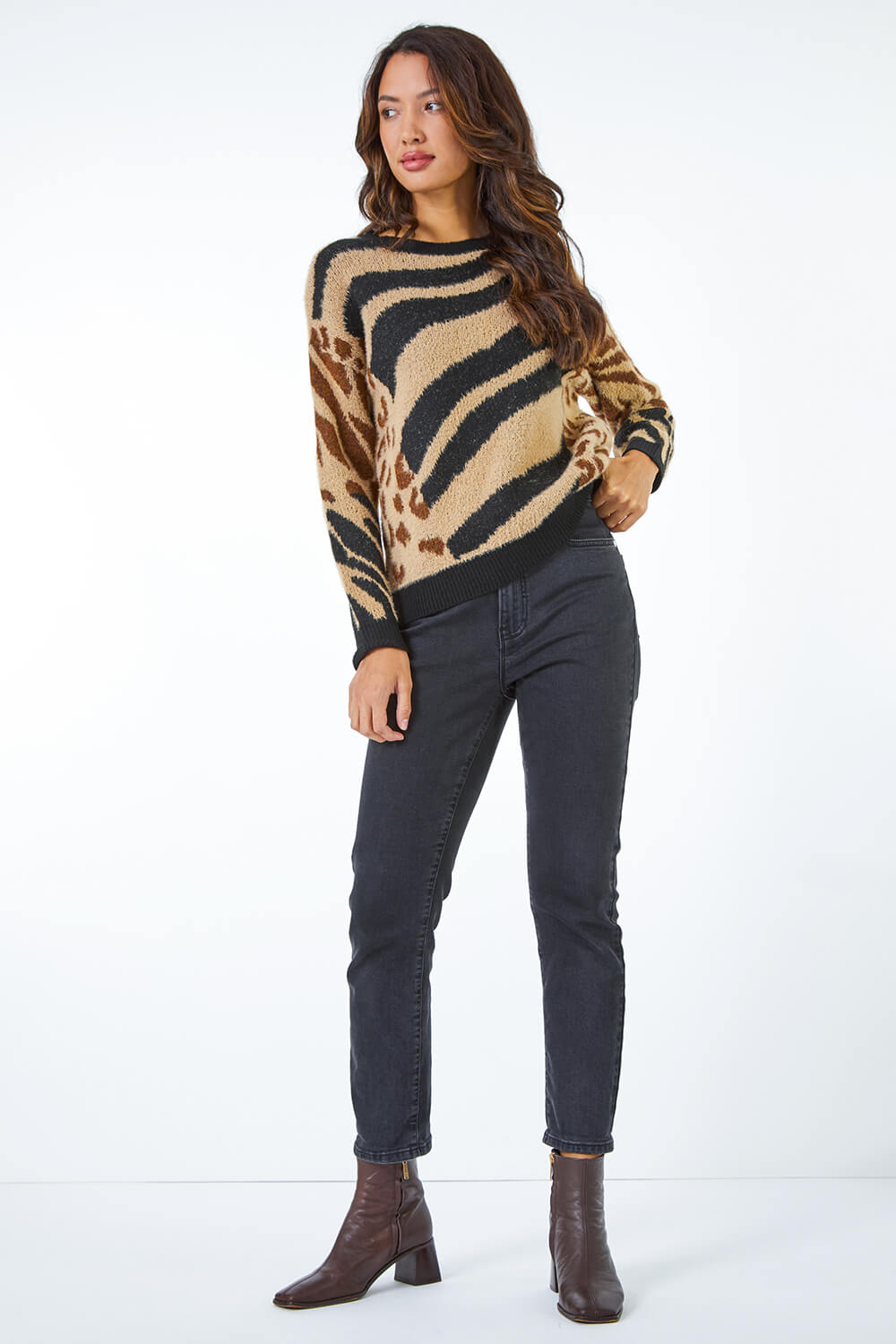 Fluffy Animal Print Jumper in Camel - Roman Originals UK