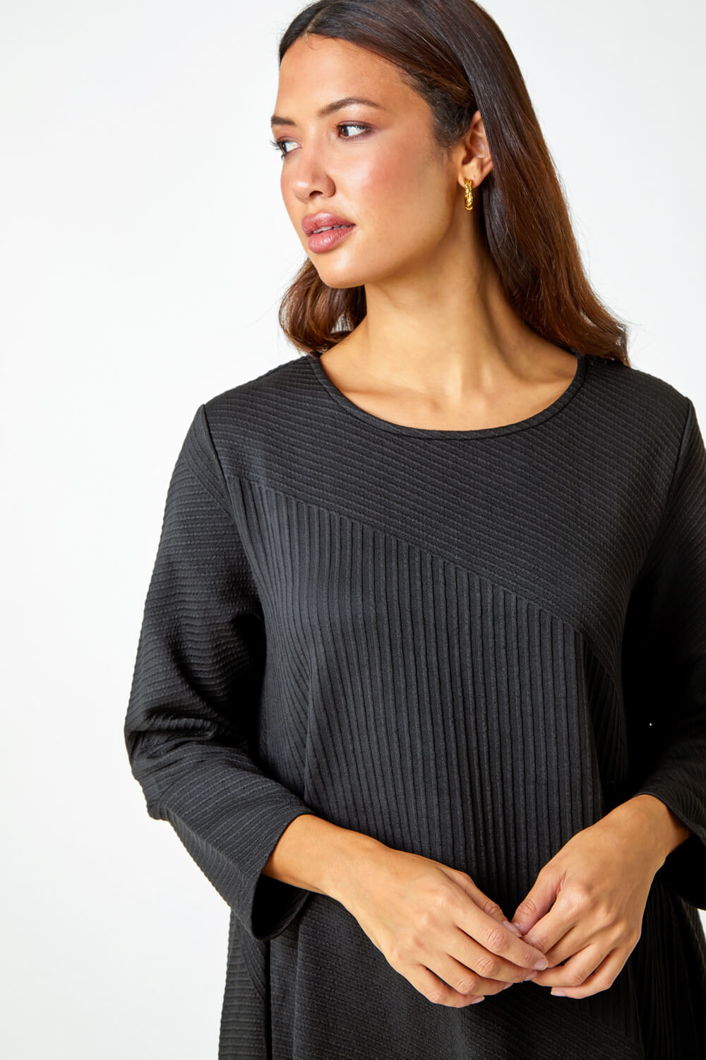 Black Ribbed Asymmetric Stretch Dress | Roman UK