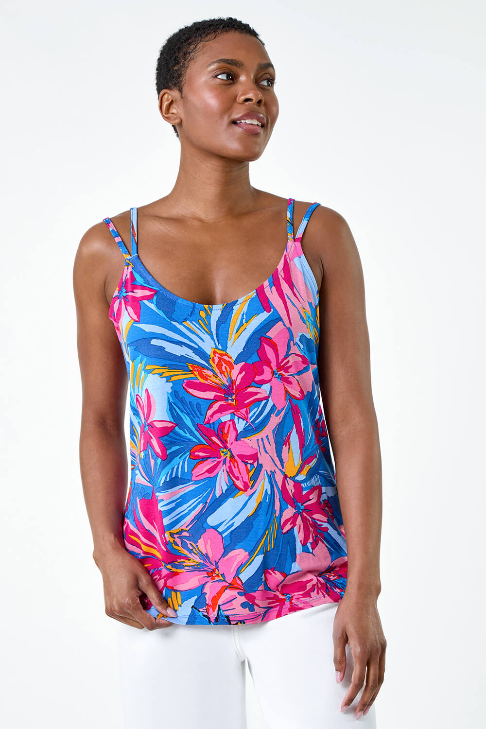 Pink Tropical Floral Strap Detail Cami Top | Roman UK