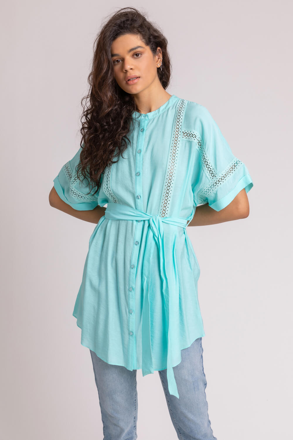 Belted Longline Ladder Trim Blouse in Aqua - Roman Originals UK
