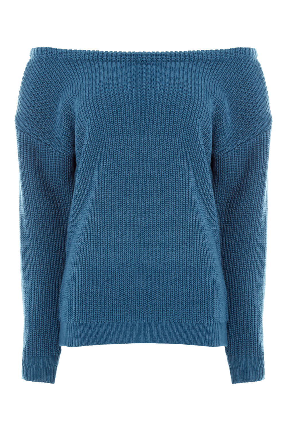 Slouch Bardot Ribbed Knit Jumper in Denim - Roman Originals UK