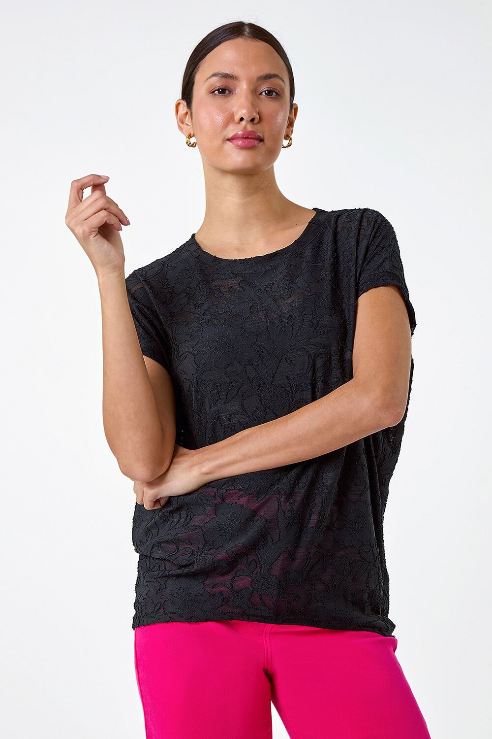 Black Textured Floral Stretch Cocoon Top | Roman UK