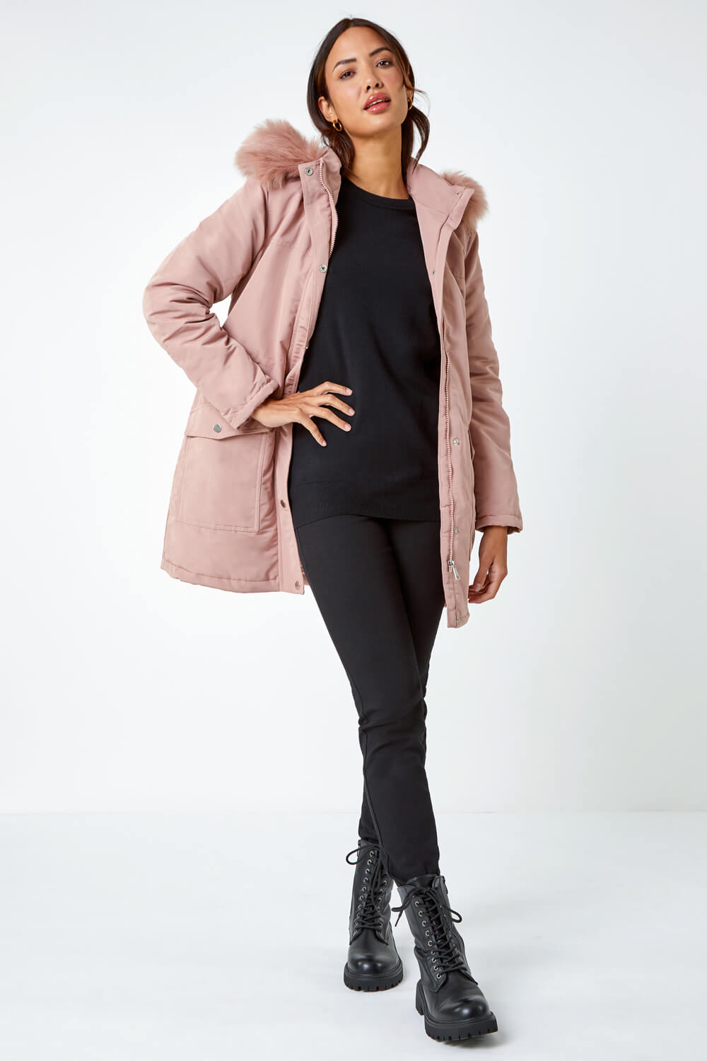 Pink Faux Fur Hooded Parka Coat | Roman UK