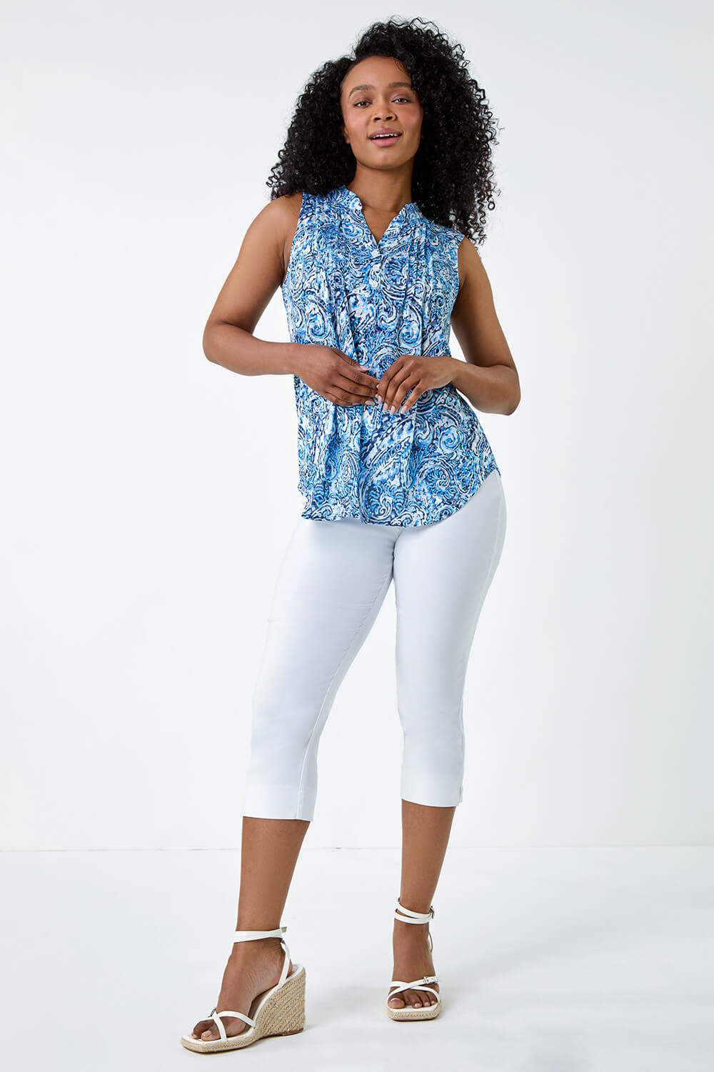 Blue Petite Paisley Pleat Front Button Top | Roman UK