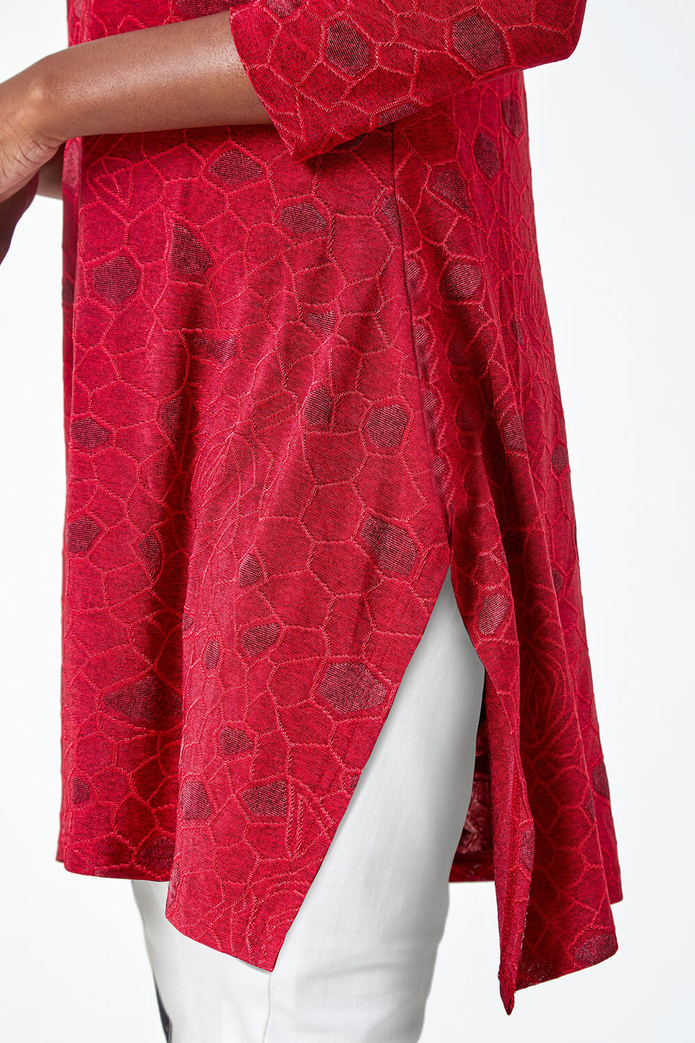Red Textured Print Keyhole Tunic Stretch Top | Roman UK