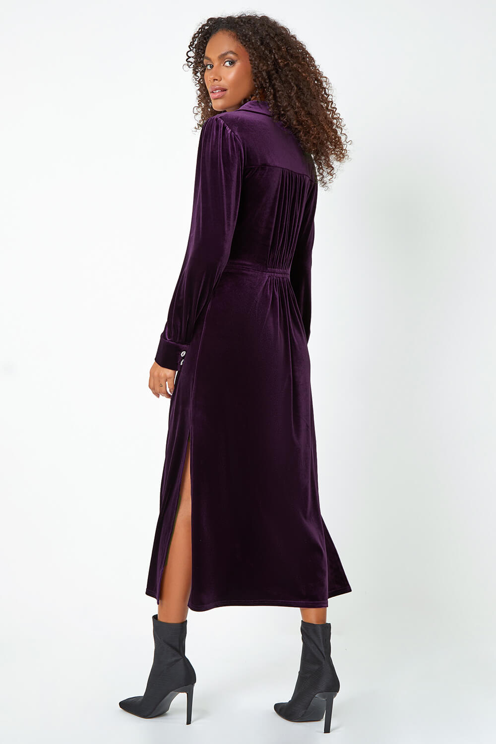 Purple Ruched Velvet Midi Stretch Dress | Roman UK