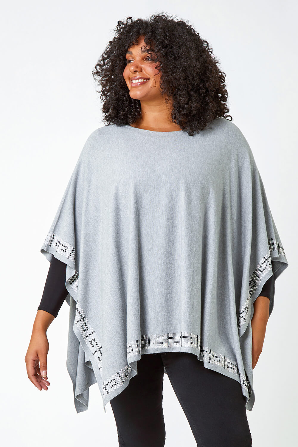 Grey Curve Sparkle Embellished Poncho | Roman UK
