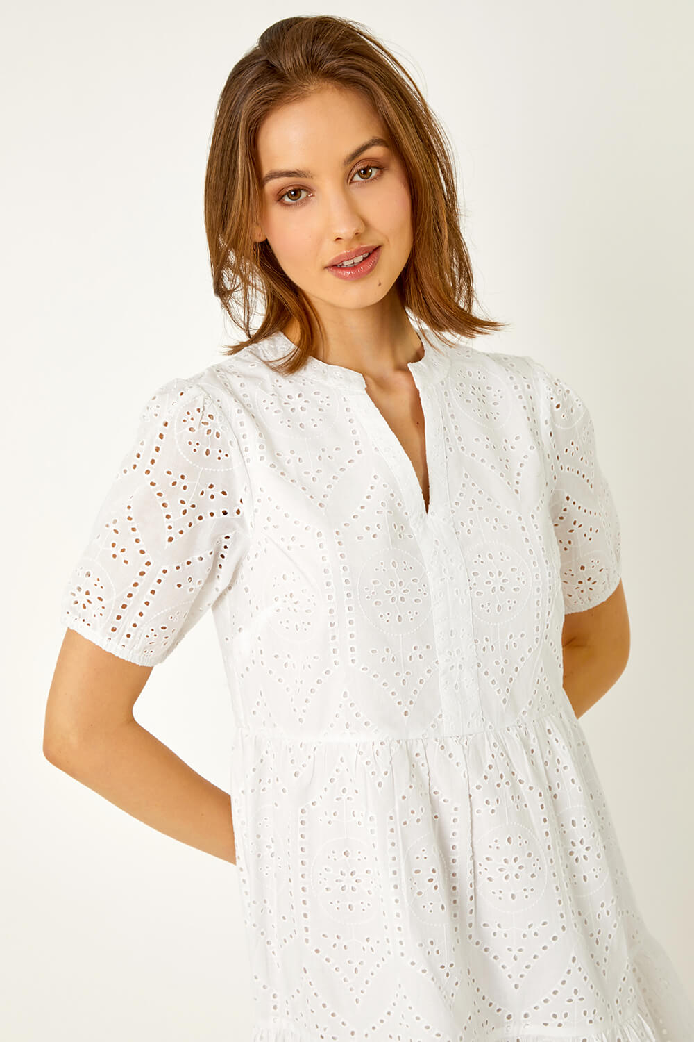 White Embroidered Tiered Cotton Smock Dress | Roman UK