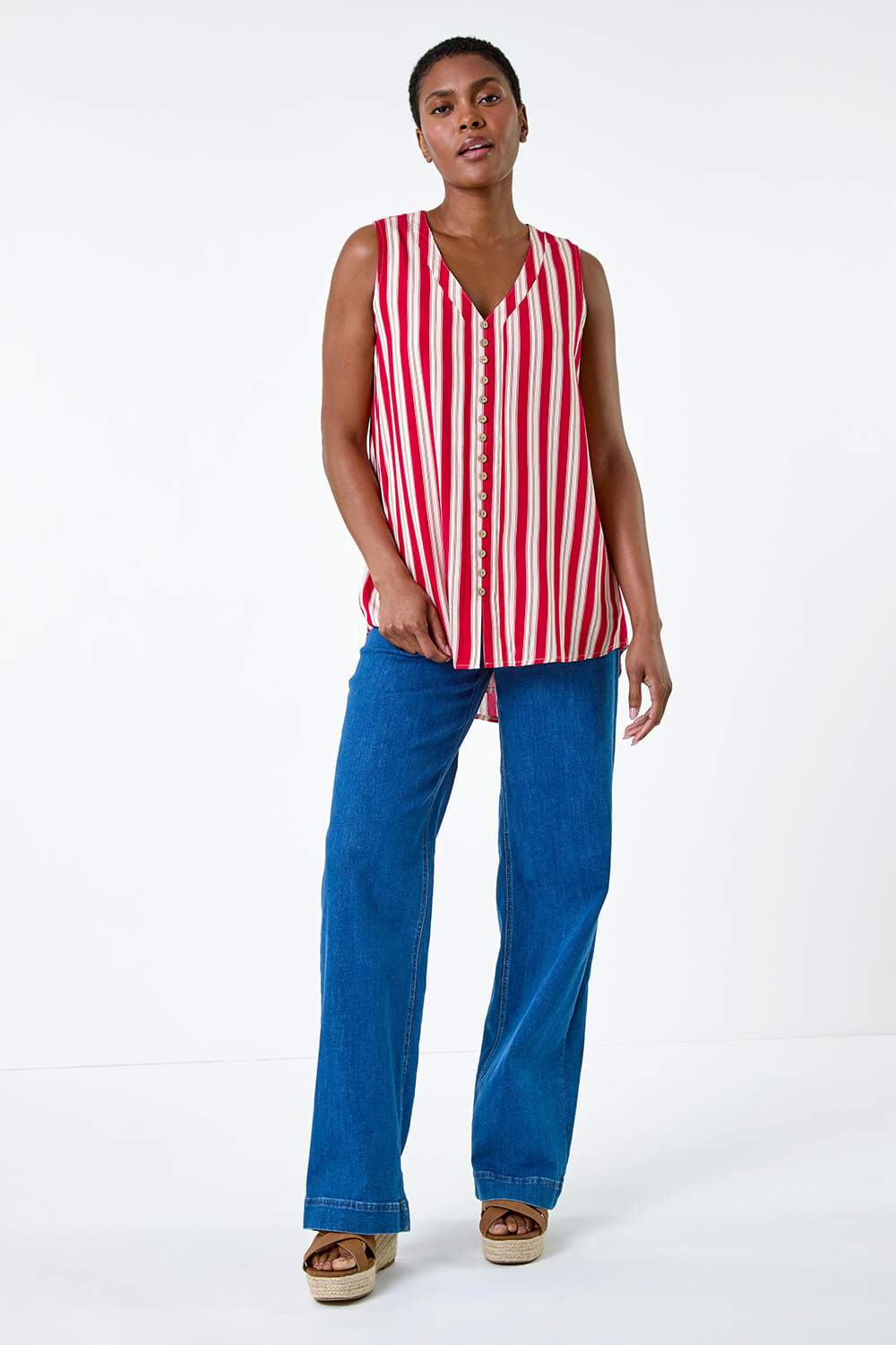 Red Stripe Print Button Detail Vest Top | Roman UK