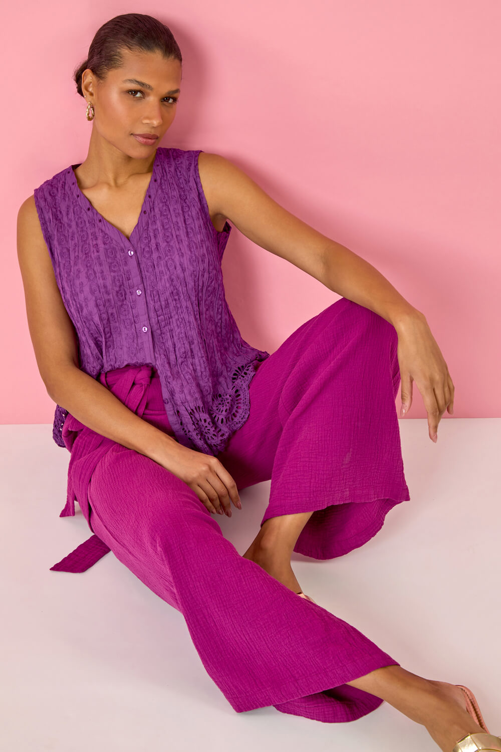 Purple Cotton Embroidered Crinkle Blouse | Roman UK