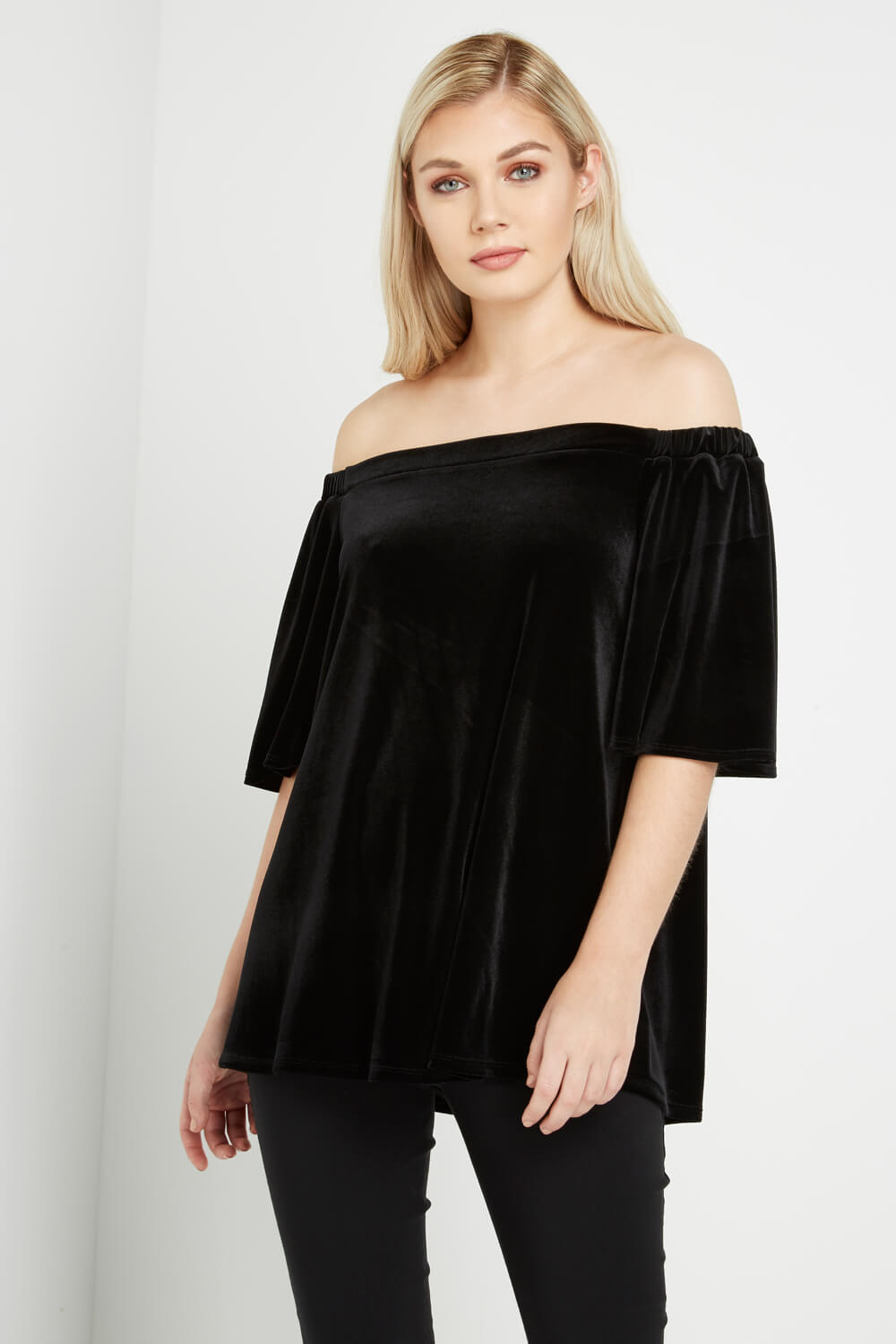 Velvet Bardot Top in Black - Roman Originals UK