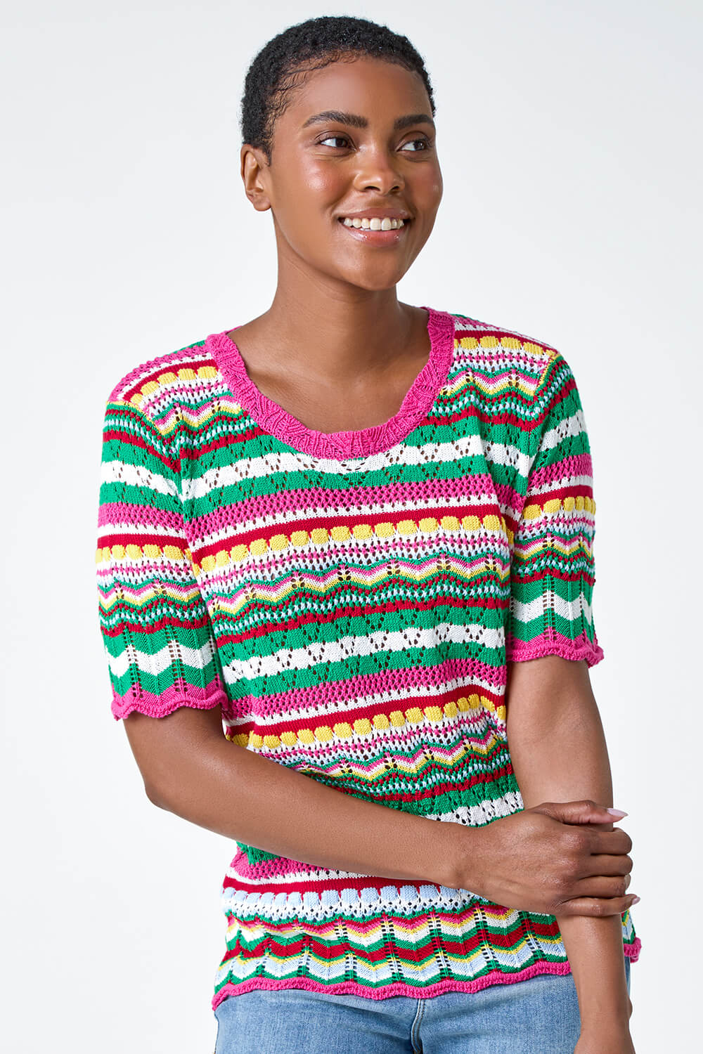 Pink Wave Print Knitted Cotton Top | Roman UK