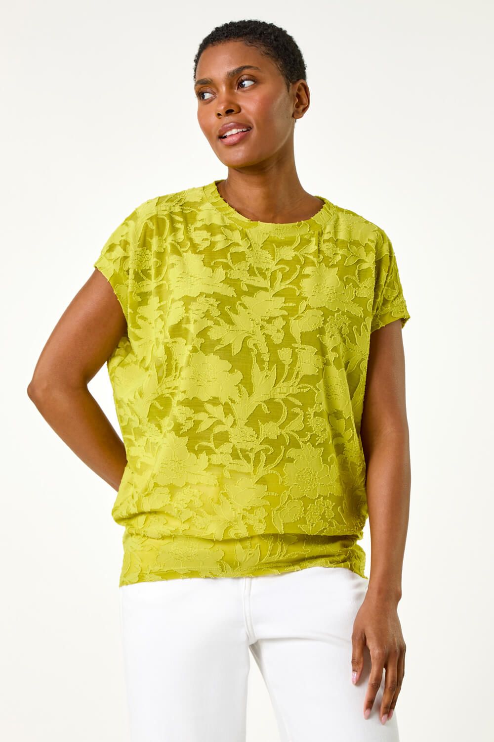 Lime Textured Floral Stretch Cocoon Top | Roman UK