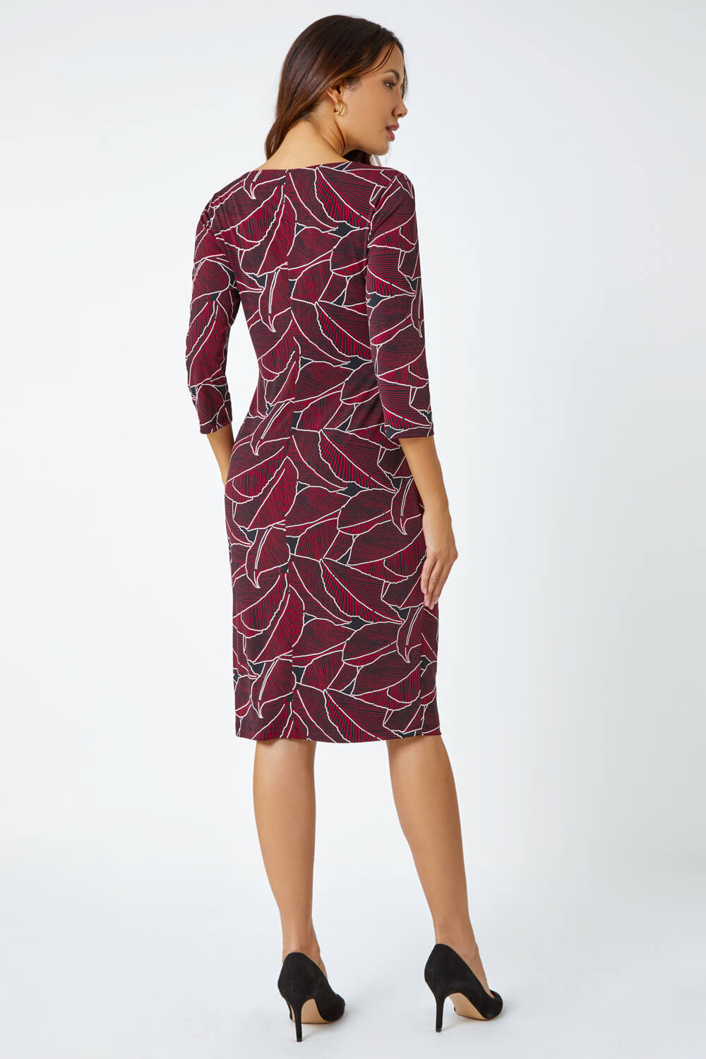 Red Leaf Print Side Pleat Stretch Dress | Roman UK