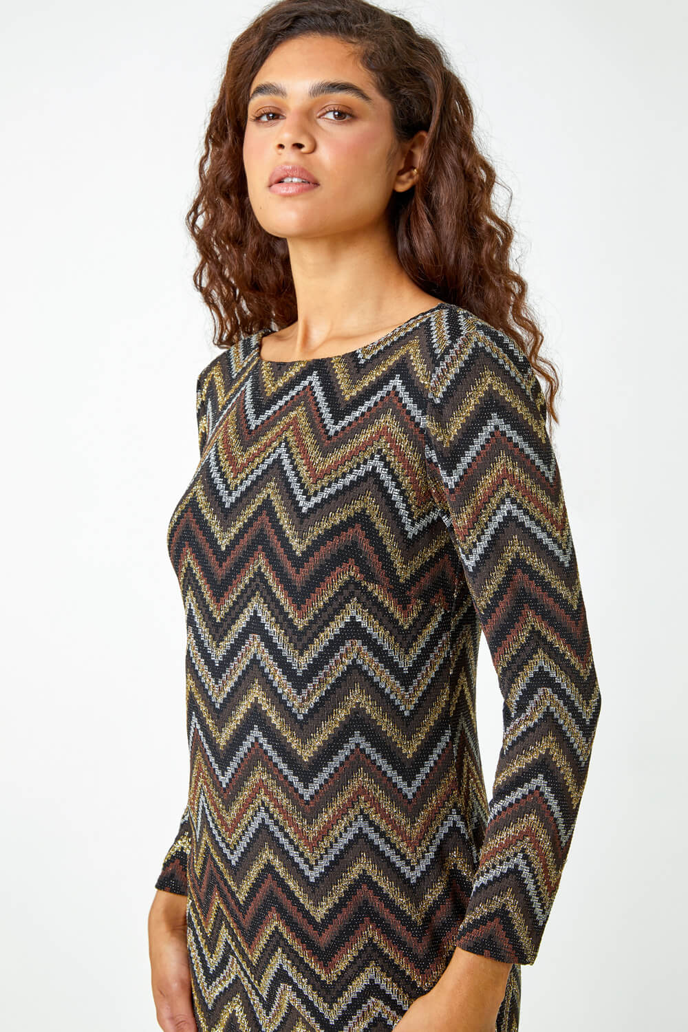Bronze Glitter Zig-Zag Print Stretch Dress | Roman UK