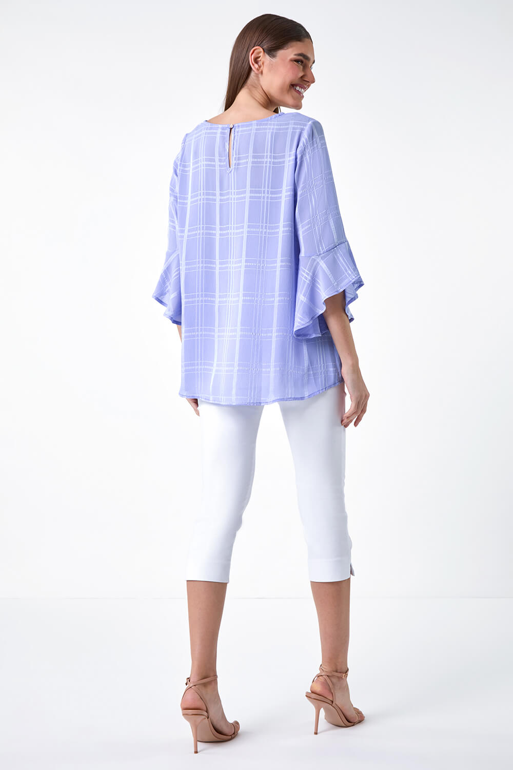 Light Blue Satin Stripe Frill Sleeve Top | Roman UK