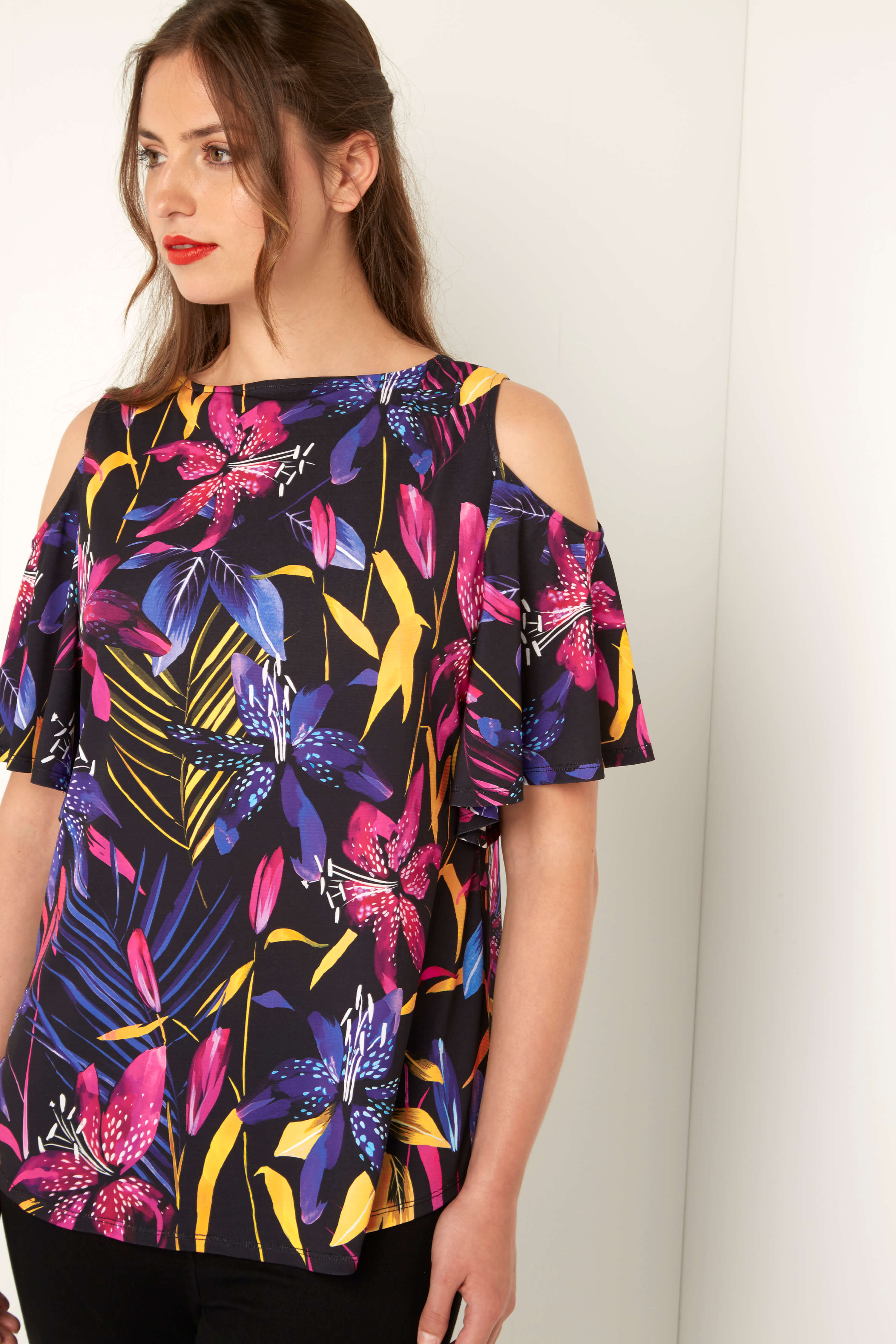 Tropical Cold Shoulder Print Top in MULTI - Roman Originals UK