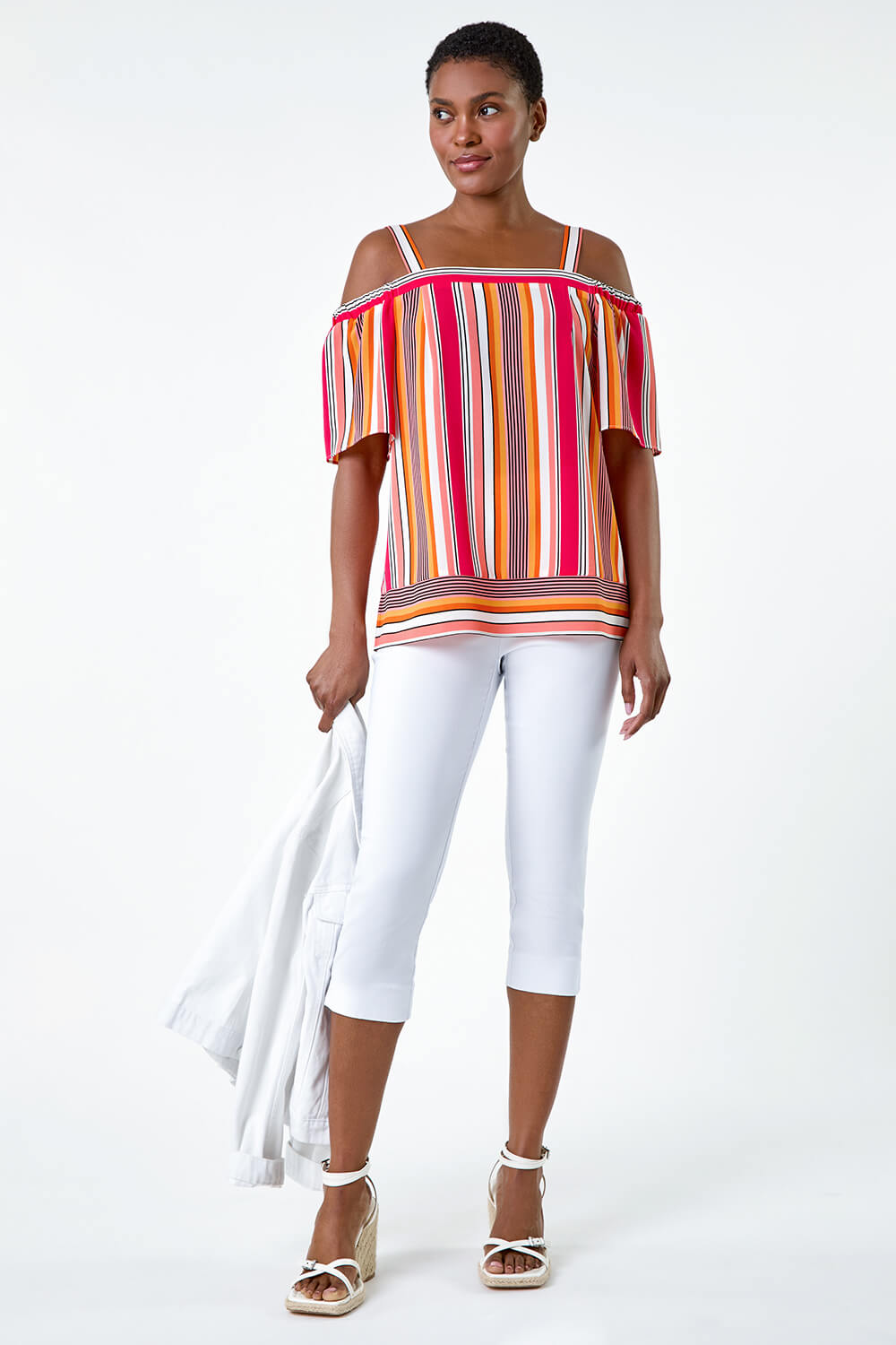 Orange Stripe Print Cold Shoulder Bardot Top | Roman UK