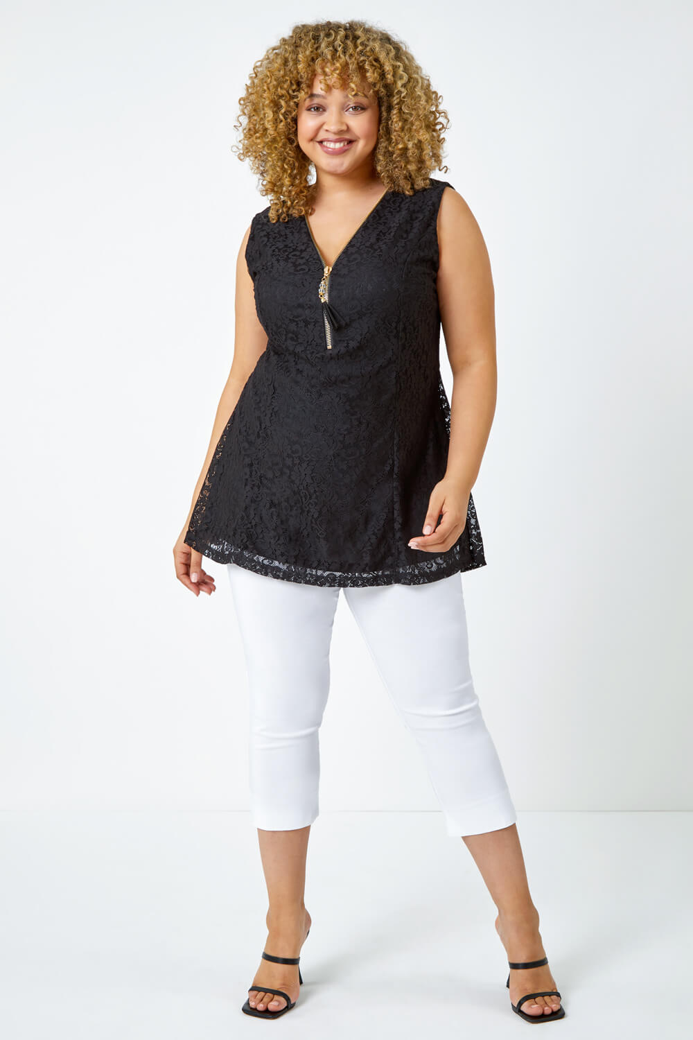 Black Curve Zip Detail Lace Top | Roman UK
