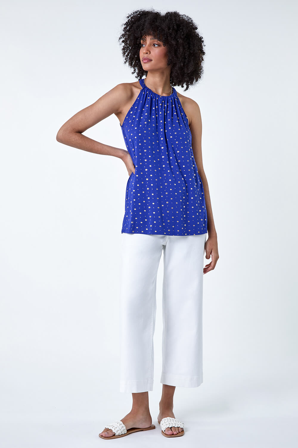 Royal Blue Metallic Foil Sun Halter Neck Top | Roman UK