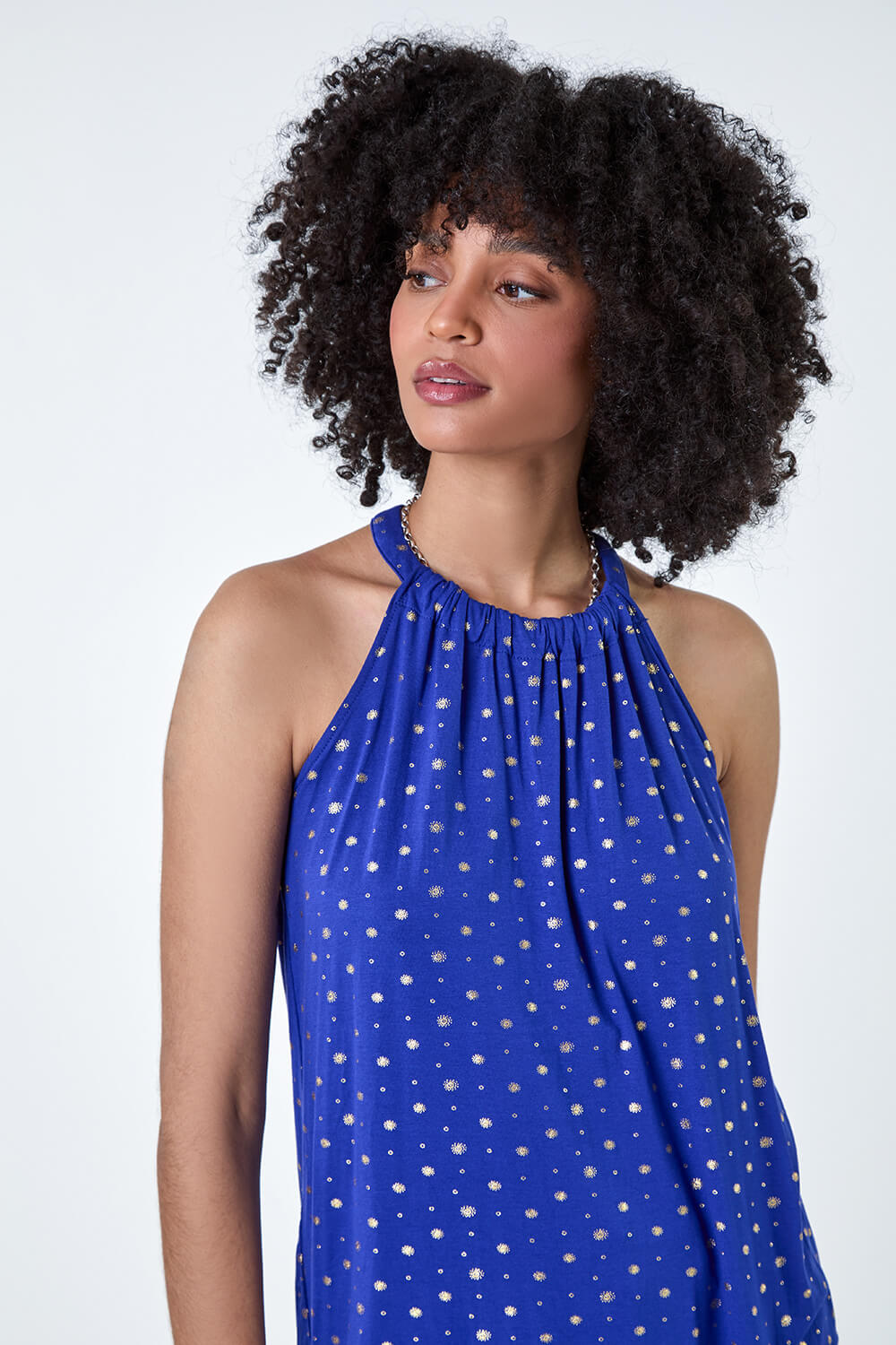 Royal Blue Metallic Foil Sun Halter Neck Top | Roman UK