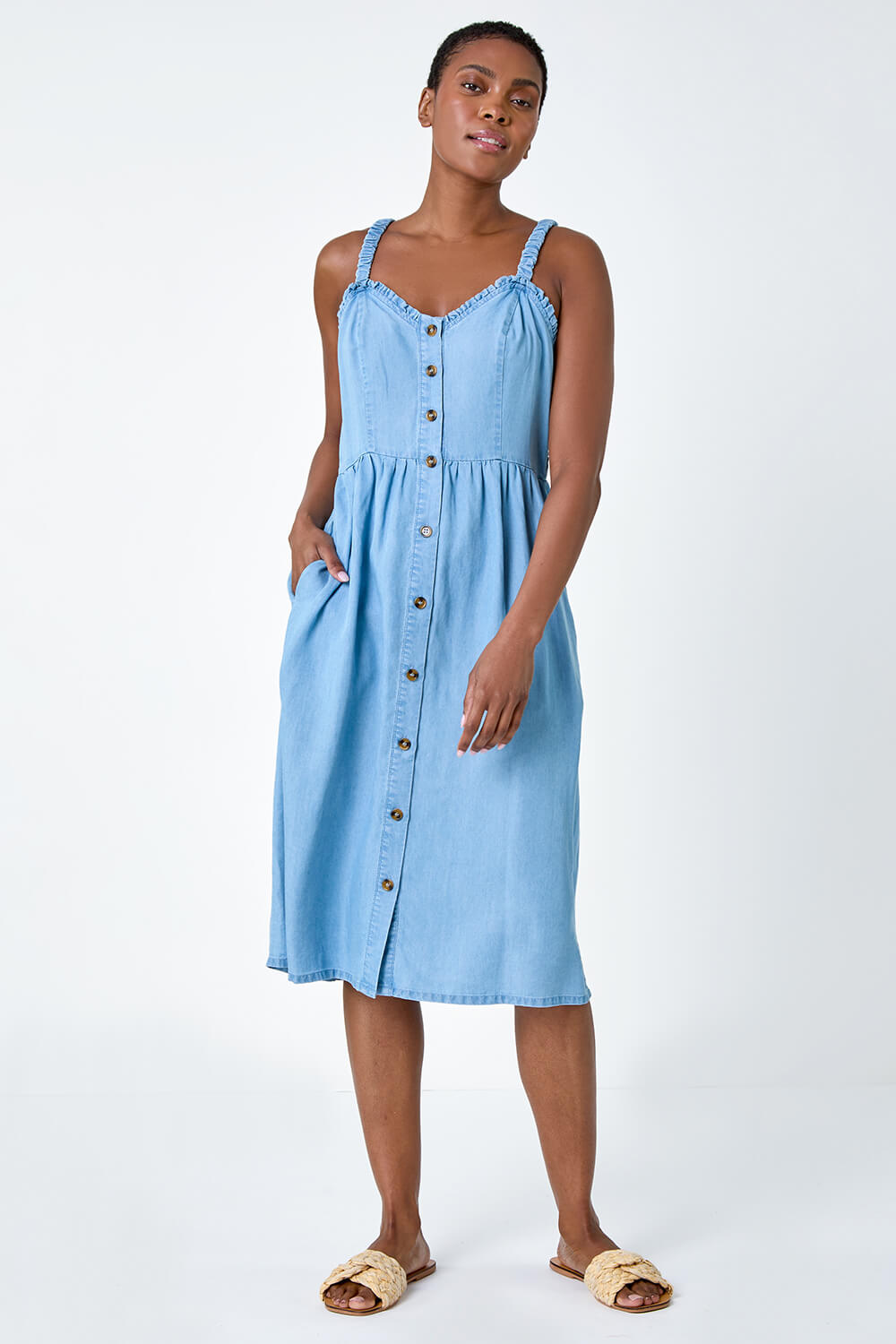 Light Denim Denim Frill Button Through Midi Dress | Roman UK