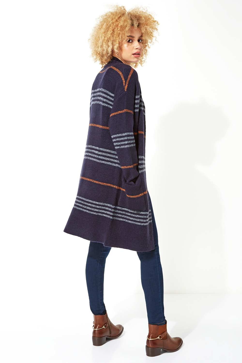 Longline Stripe Cardigan in Navy - Roman Originals UK