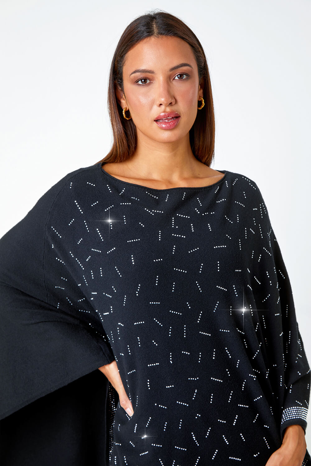 Black Embellished Knitted Poncho | Roman UK