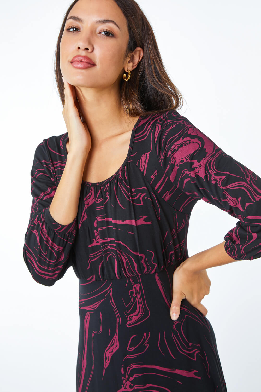 Marble Print Fit & Flare Dress in Plum - Roman Originals UK