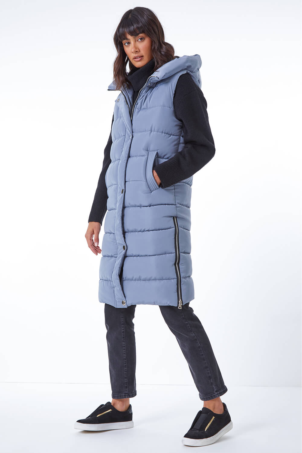 Hooded Longline Quilted Gilet in Steel Blue - Roman Originals UK