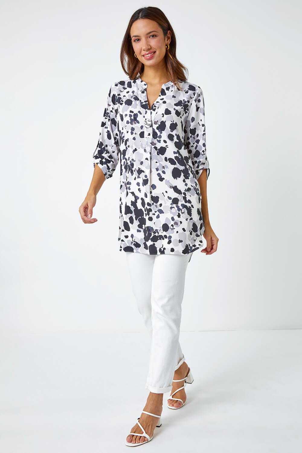 Abstract Print Longline Tunic Top in Grey - Roman Originals UK