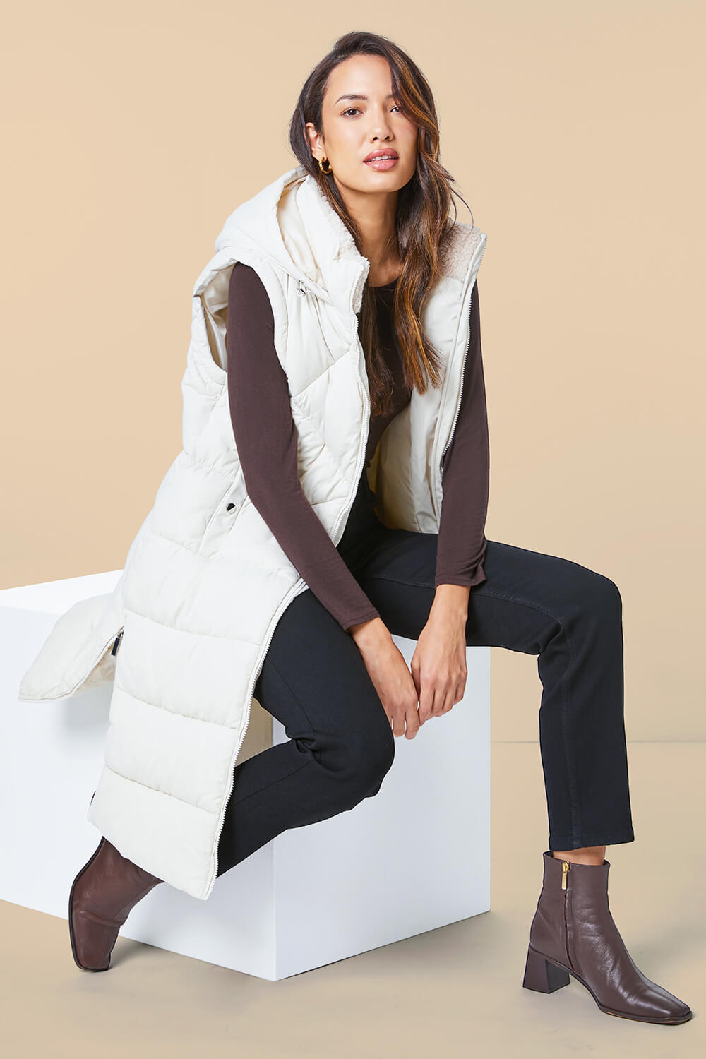 Longline Quilted Borg Neck Gilet in Ivory - Roman Originals UK