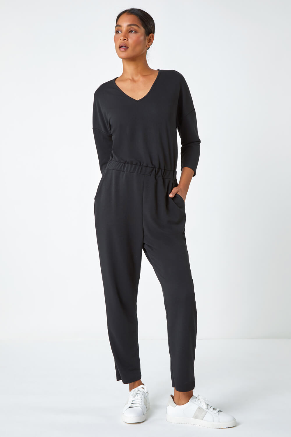 Black Elasticated Waist Stretch Jumpsuit | Roman UK