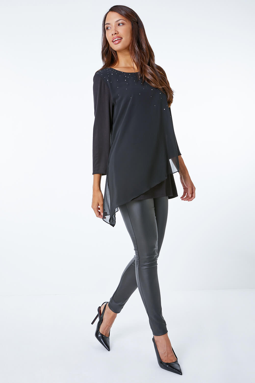Embellished Chiffon Overlay Top in Black - Roman Originals UK