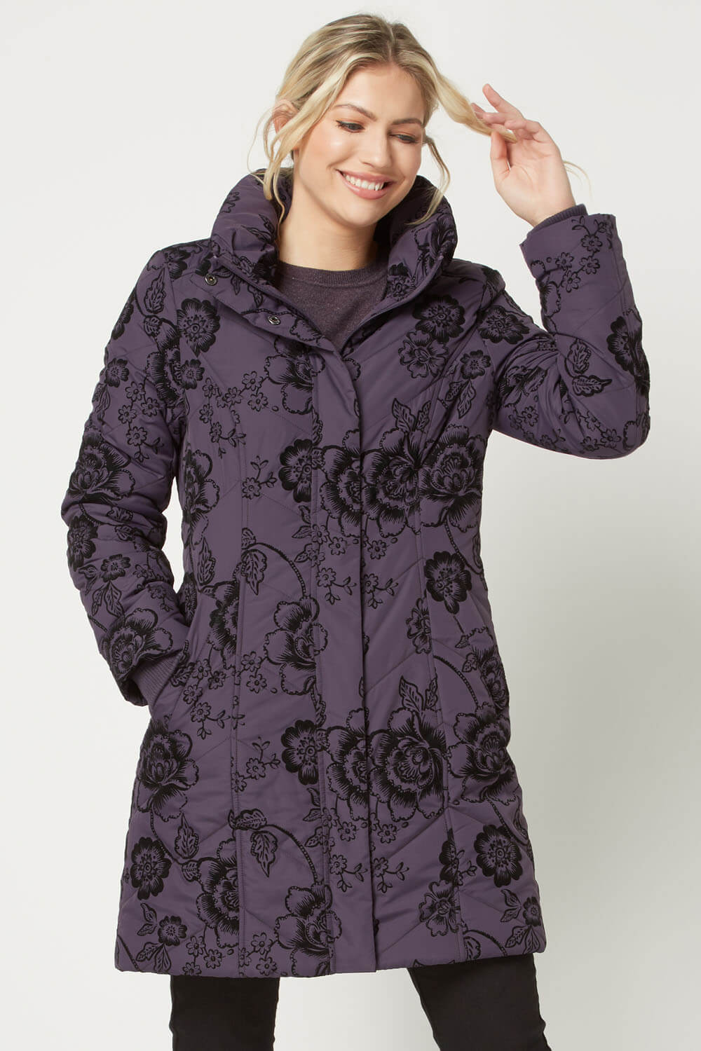 Velvet Floral Flock Coat in Purple - Roman Originals UK