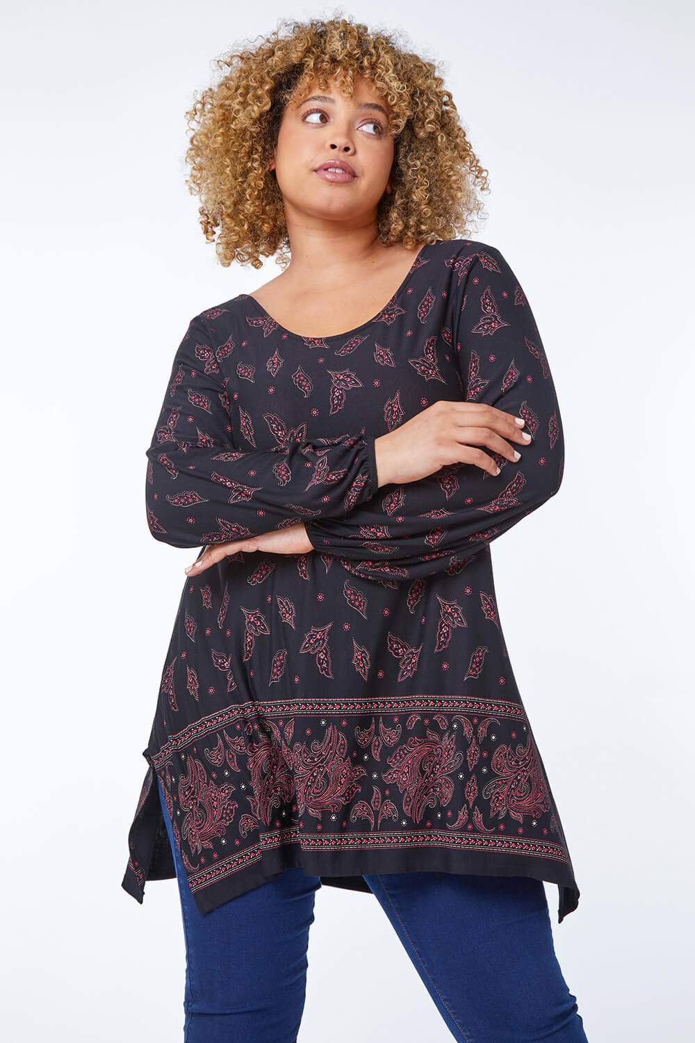 Curve Paisley Print Jersey Top in Rust - Roman Originals UK
