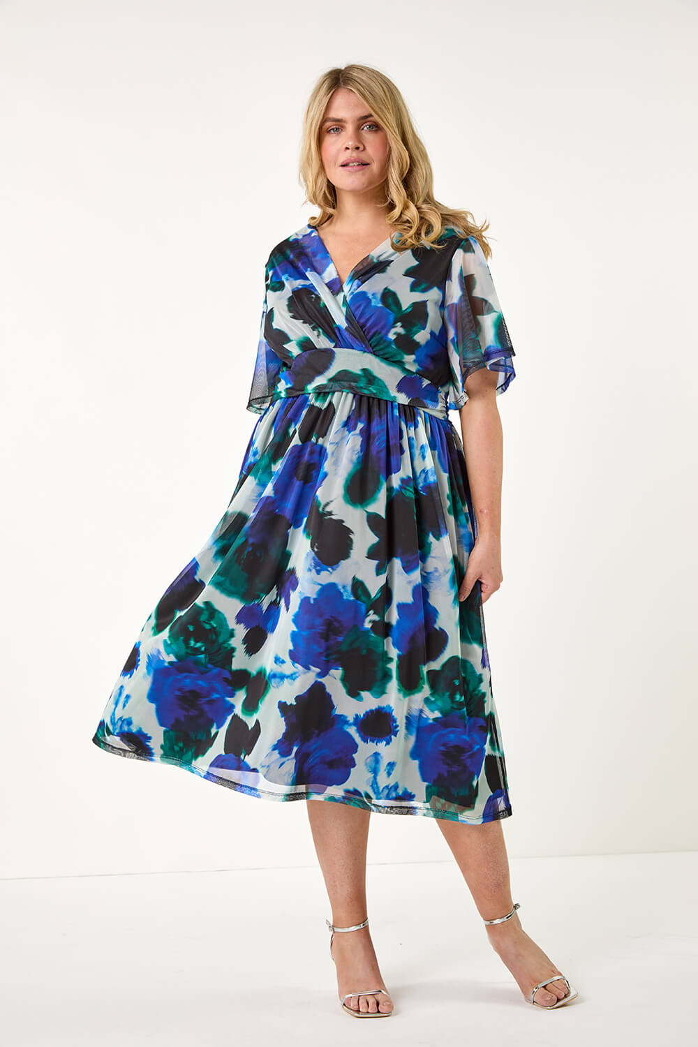 Blue Curve Abstract Print Stretch Mesh Wrap Dress | Roman UK