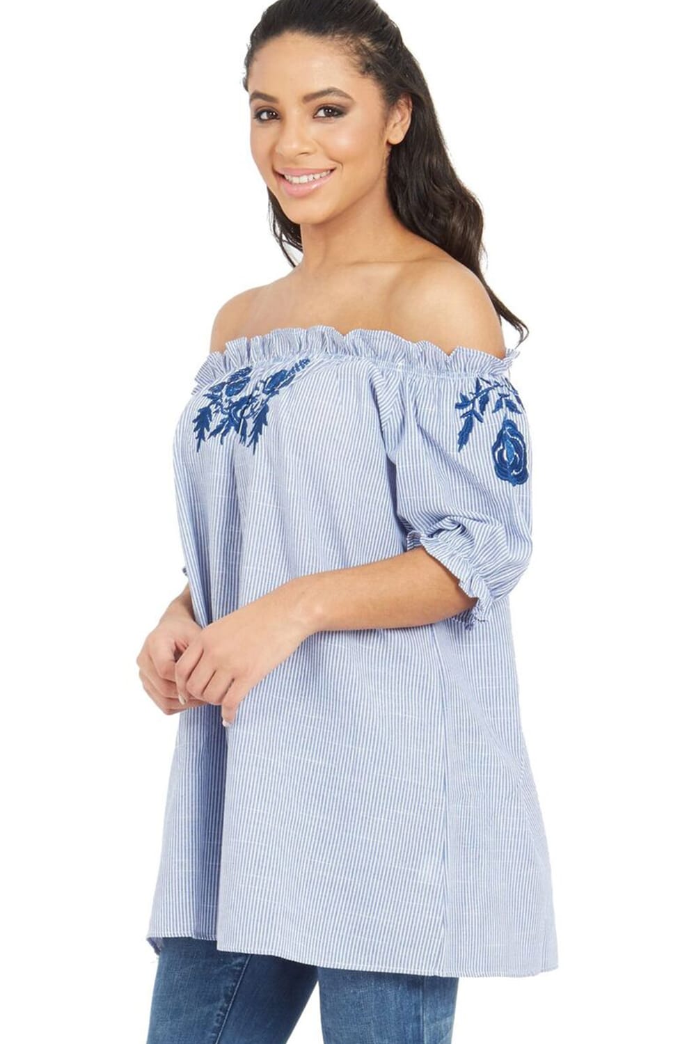 Blue Vanilla Off The Shoulder Embroidered Tunic in BLUE - Roman ...