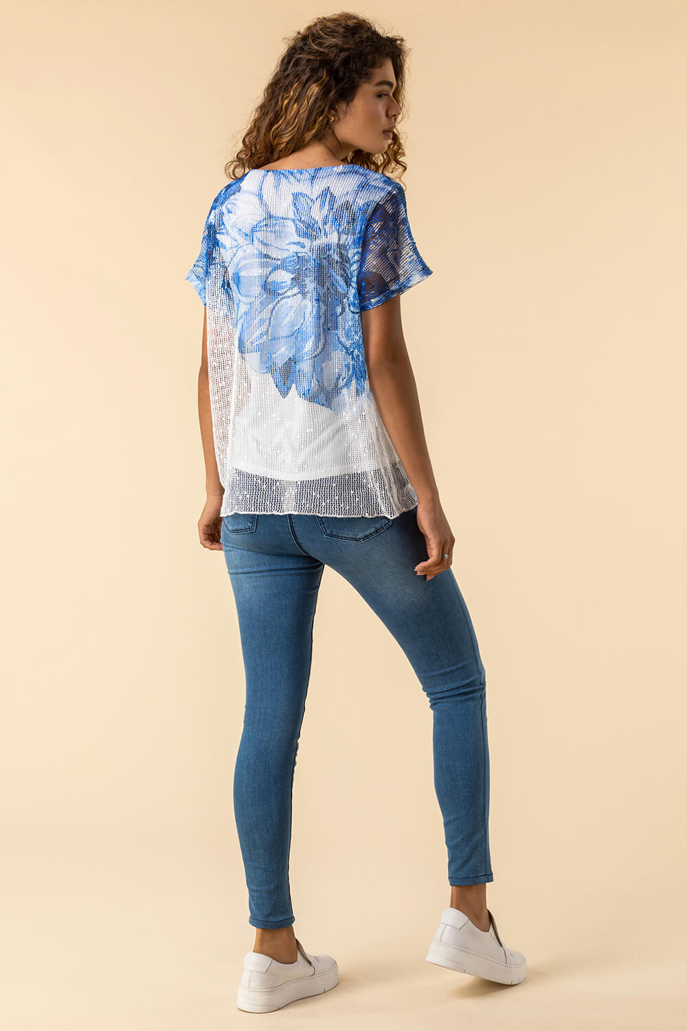 Mesh Overlay Floral Print T-Shirt in Blue - Roman Originals UK