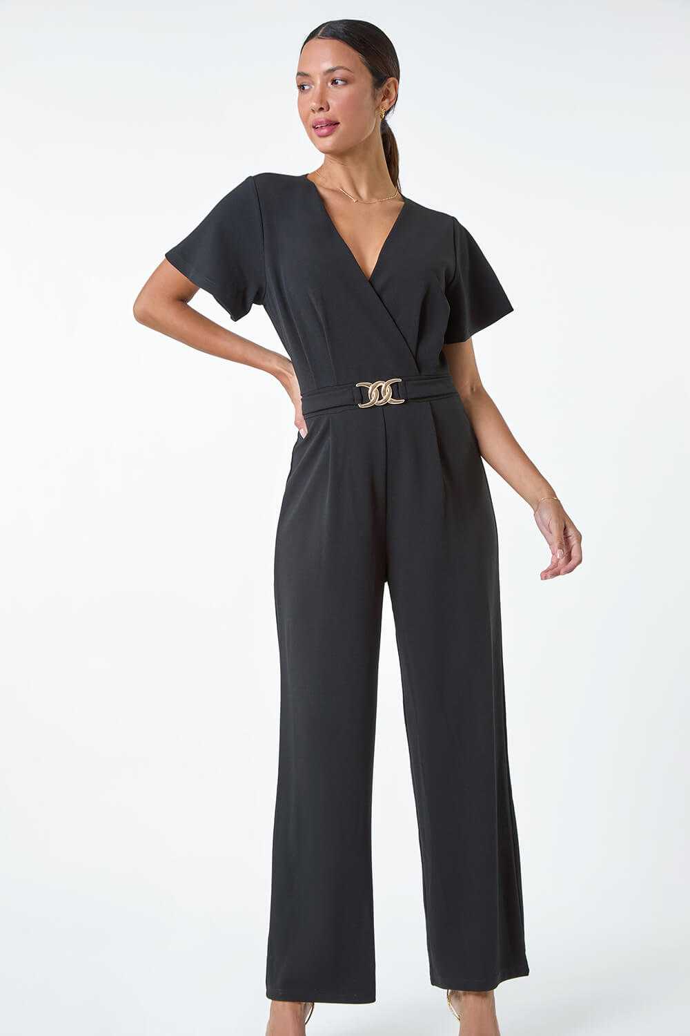 Black Wide Leg Metallic Buckle Stretch Jumpsuit | Roman UK