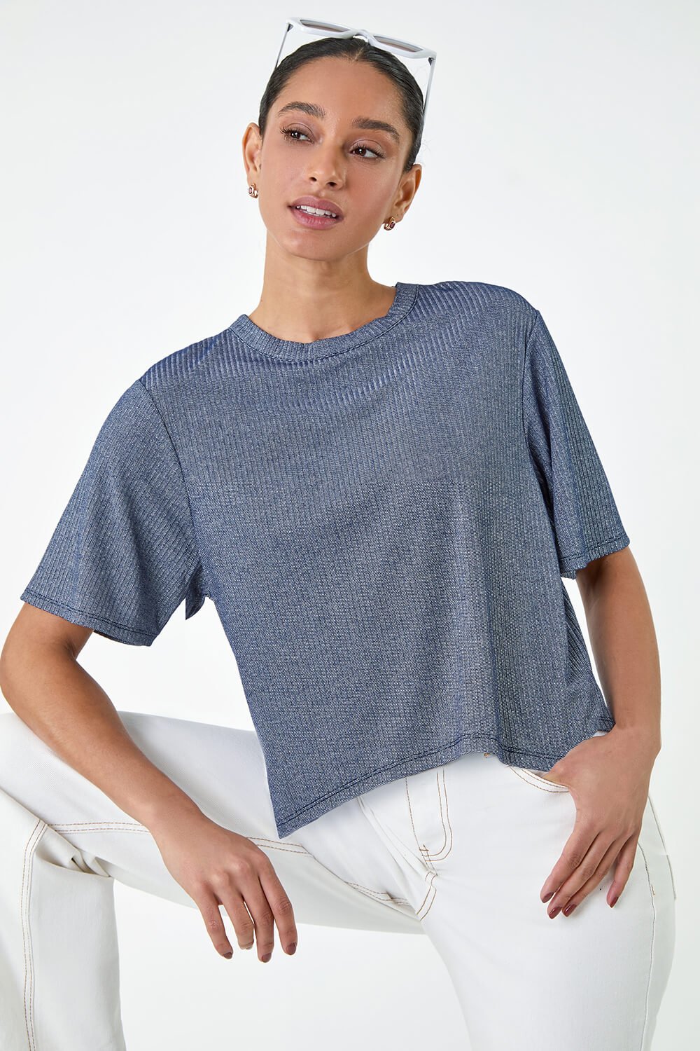 Steel Blue Metallic Shimmer Ribbed Stretch T-Shirt | Roman UK